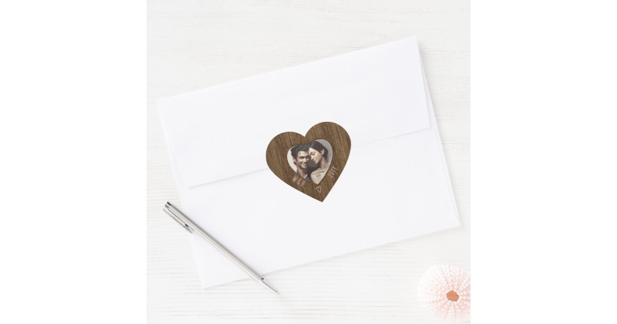 Rustic Wood Heart-Shaped Photo & Carved Initials Heart Sticker | Zazzle