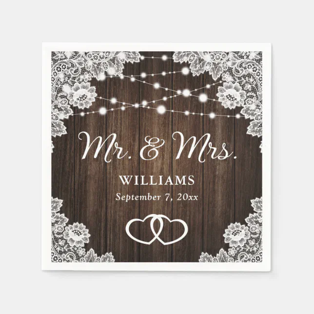 Rustic Wood Hearts Lace String Lights Wedding Napkins | Zazzle