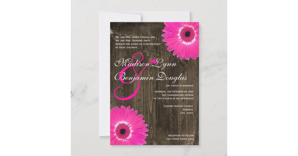 Rustic Wood Hot Pink Daisy Wedding Invitations | Zazzle