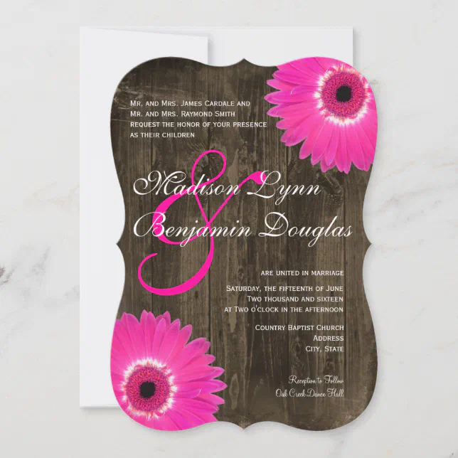 Rustic Wood Hot Pink Daisy Wedding Invitations | Zazzle