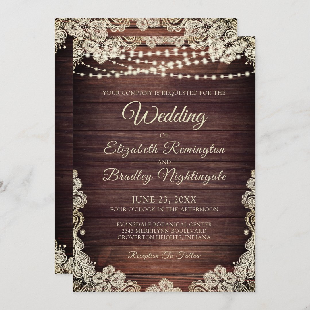 Rustic Wood Ivory Lace String Lights Wedding Invitation | Zazzle