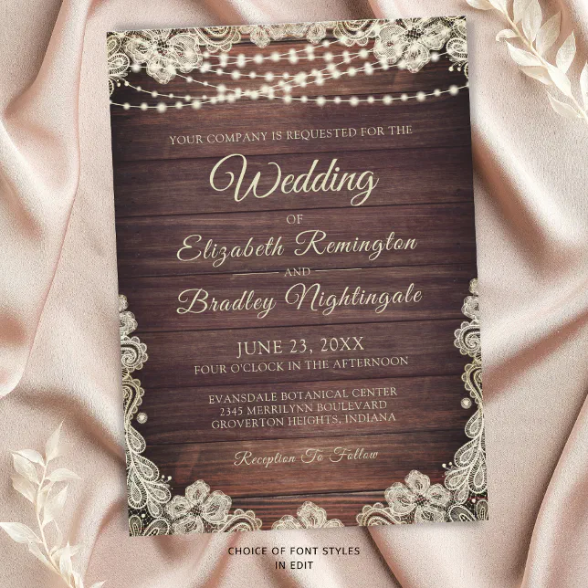 Rustic Wood Ivory Lace String Lights Wedding Invitation | Zazzle