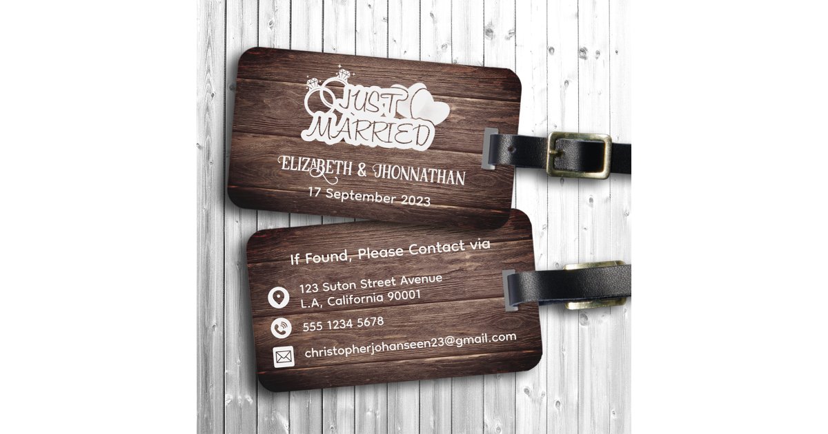 Rustic Wood Just Married White Typography Couple Luggage Tag | Zazzle