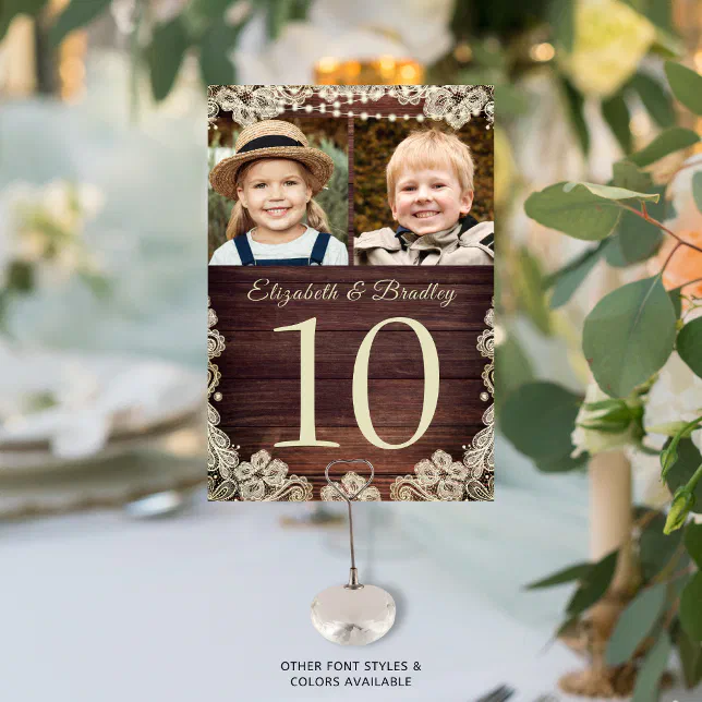 Rustic Wood Lace 2 Photo Wedding Table Number Sign | Zazzle