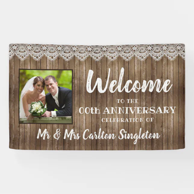 Rustic Wood Lace ANY Anniversary Photo Banner | Zazzle