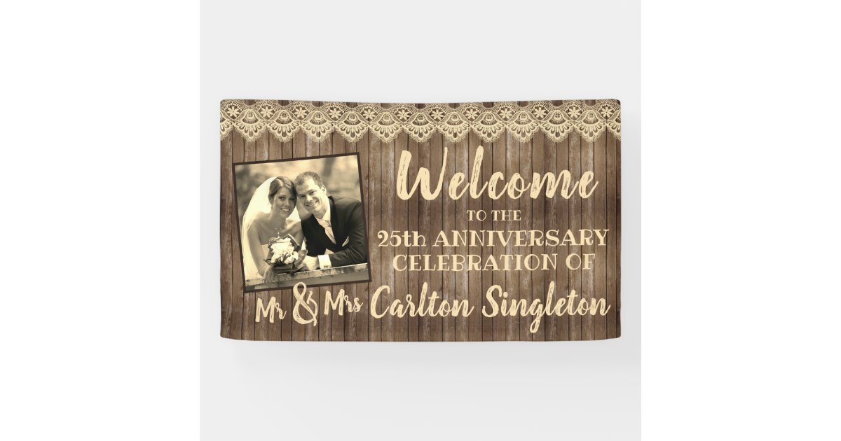 Rustic Wood & Lace ANY Wedding Anniversary Photo Banner | Zazzle