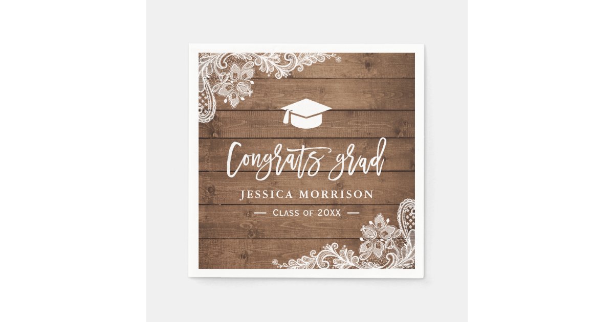 Rustic Wood Lace Congrats Grad Graduation Party Paper Napkins | Zazzle