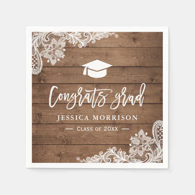 Rustic Wood Lace Congrats Grad Graduation Party Paper Napkins | Zazzle