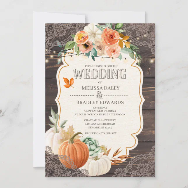 Rustic Wood Lace Fall Wedding Invitation | Zazzle