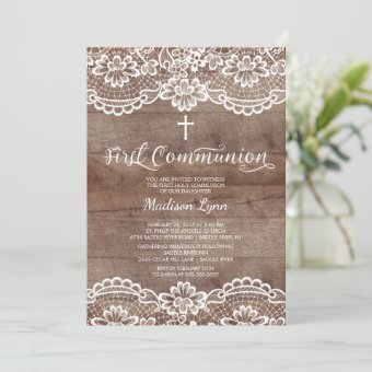 Rustic Wood Lace First Holy Communion Invitation | Zazzle