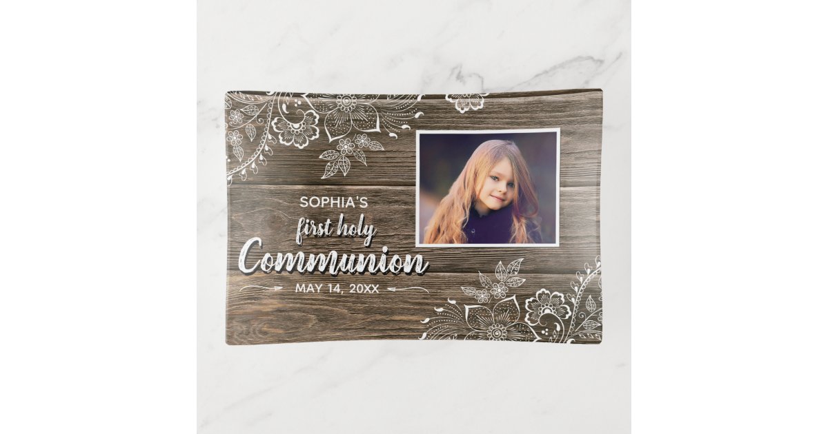 Rustic Wood Lace First Holy Communion Photo Trinket Tray | Zazzle