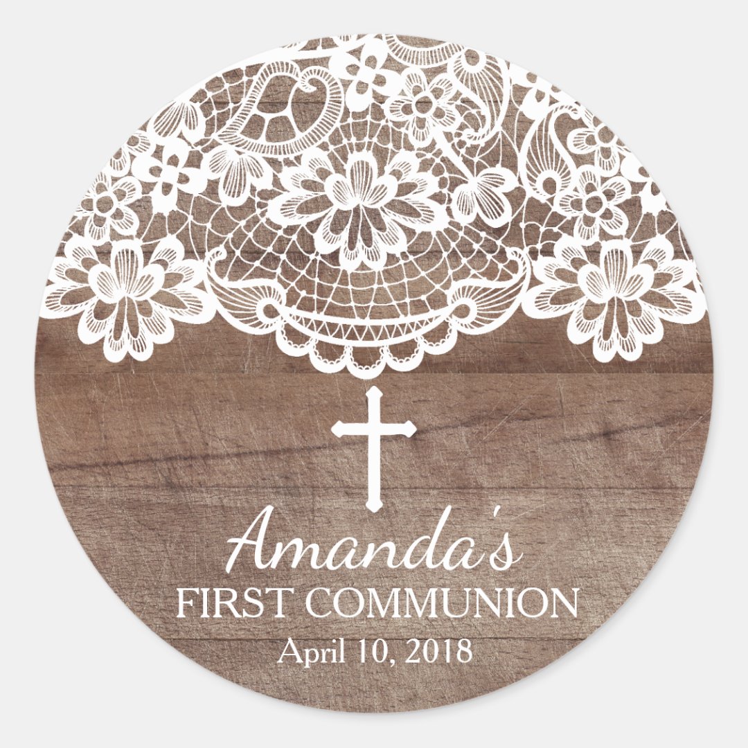 Rustic Wood Lace First Holy Communion Sticker | Zazzle