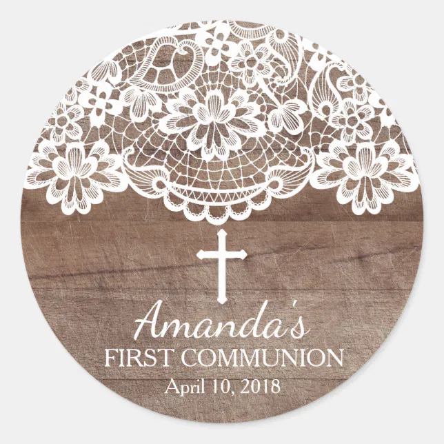 Rustic Wood Lace First Holy Communion Sticker | Zazzle