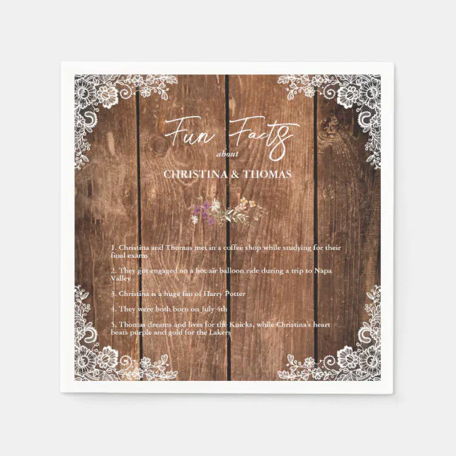 Rustic Wood Lace Fun Facts Barn Wedding Napkins | Zazzle
