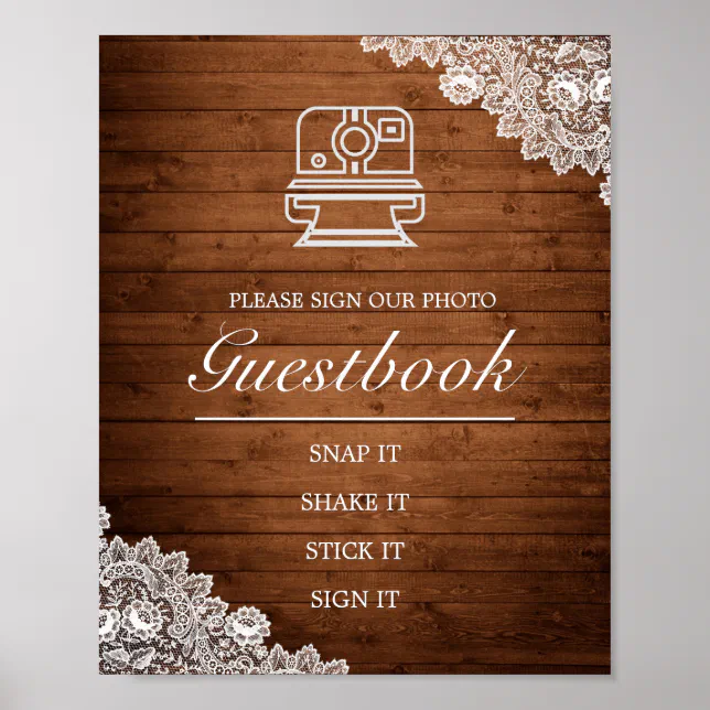 Rustic Wood & Lace Photo Guest Book Wedding Sign | Zazzle