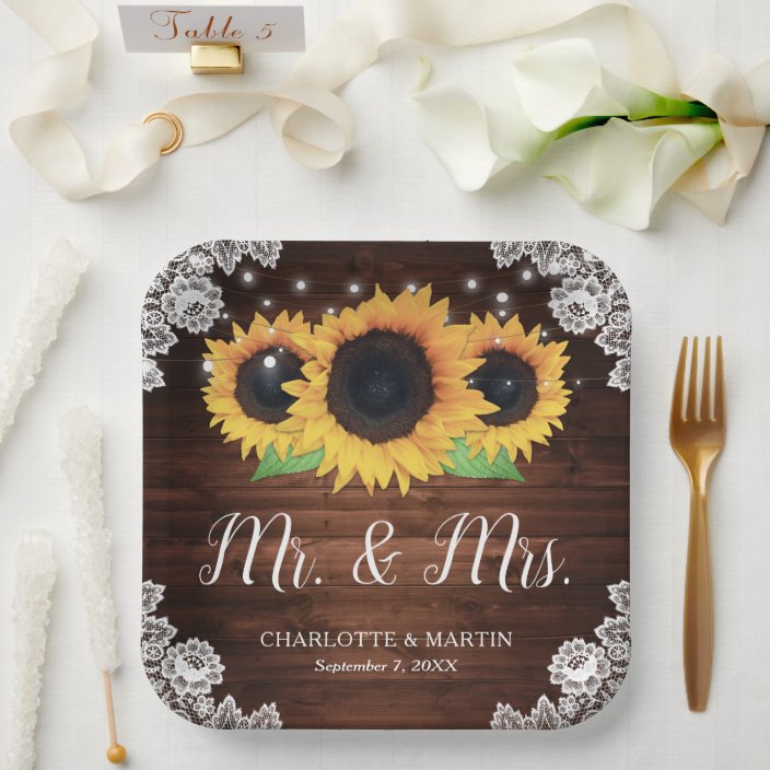 Rustic Wood Lace String Lights Sunflower Wedding Paper Plates | Zazzle.com