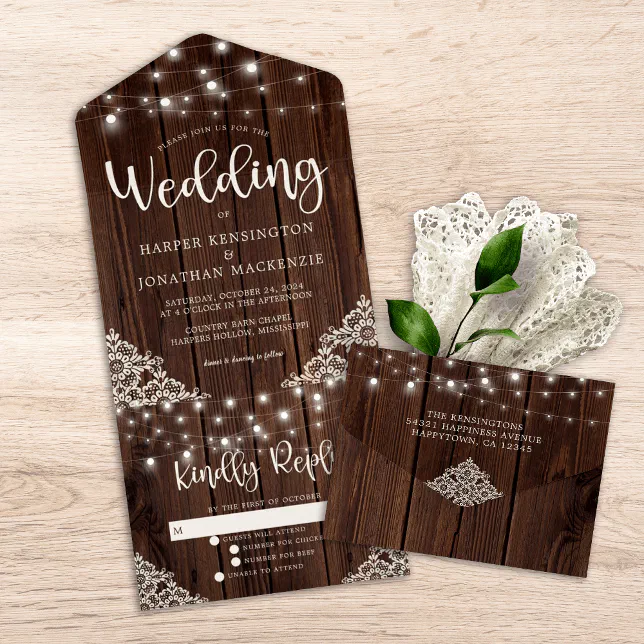 Rustic Wood Lace String Lights Wedding All In One Invitation | Zazzle