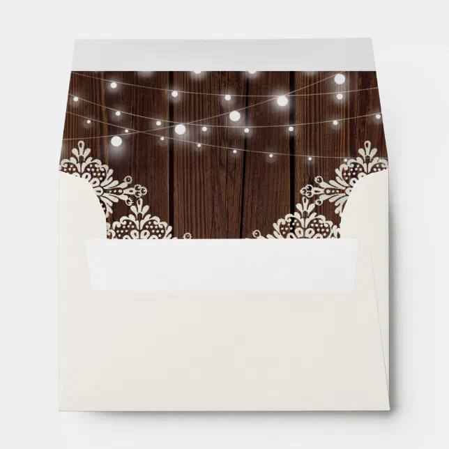 Rustic Wood Lace String Lights Wedding Envelope | Zazzle