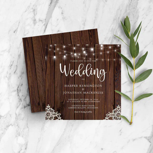 Rustic Wood Lace String Lights Wedding Invitation | Zazzle