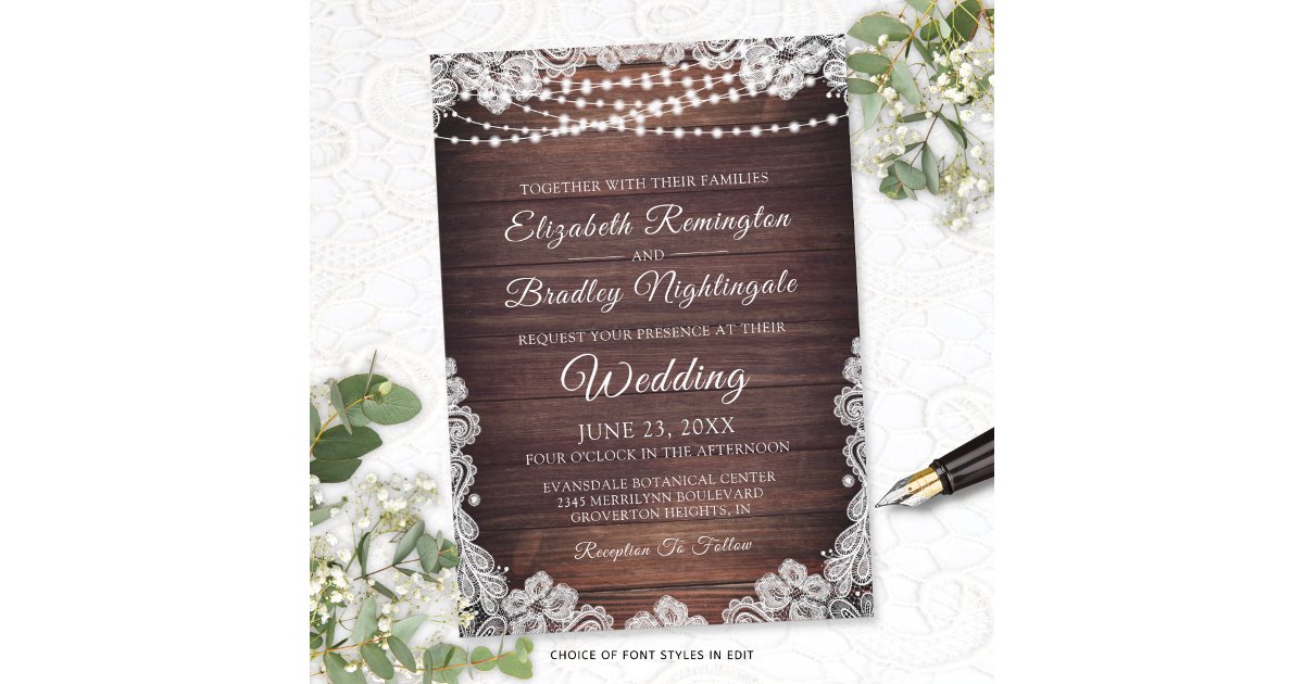 Rustic Wood Lace String Lights Wedding Invitation | Zazzle