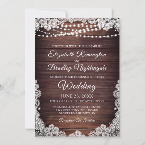 Rustic Wood Lace String Lights Wedding Invitation | Zazzle