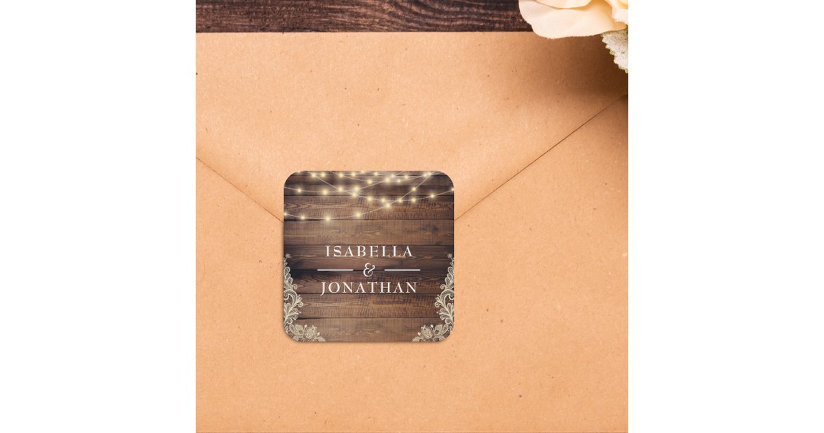 Rustic Wood, Lace & String Lights Wedding Square Sticker | Zazzle