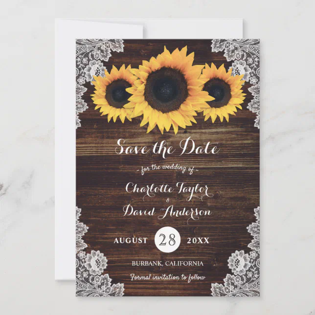 Rustic Wood Lace Sunflower Wedding Save The Date | Zazzle