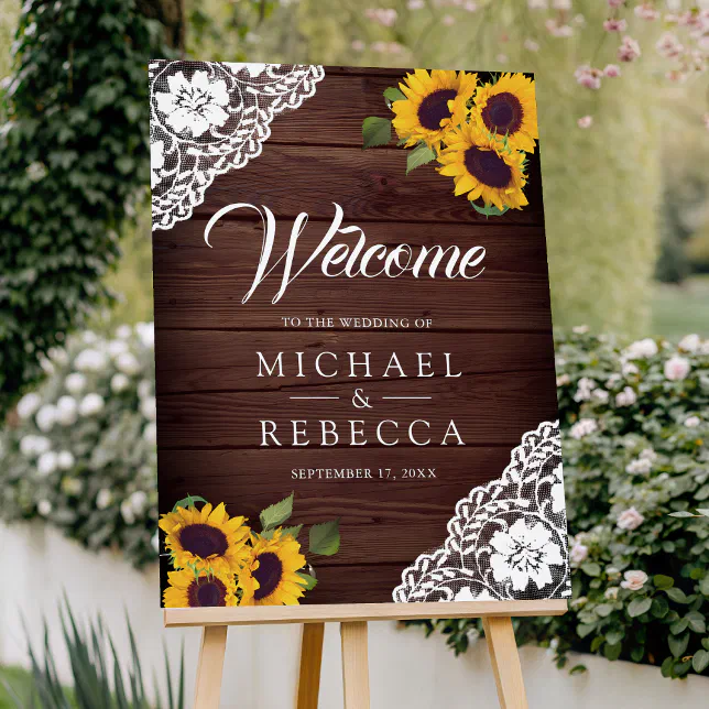 Rustic Wood Lace Sunflower Wedding Welcome Sign | Zazzle