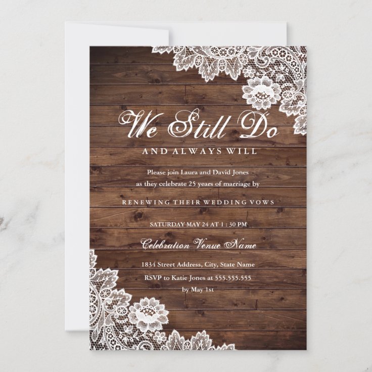 Rustic Wood Lace Vow Renewal Anniversary Invitation | Zazzle