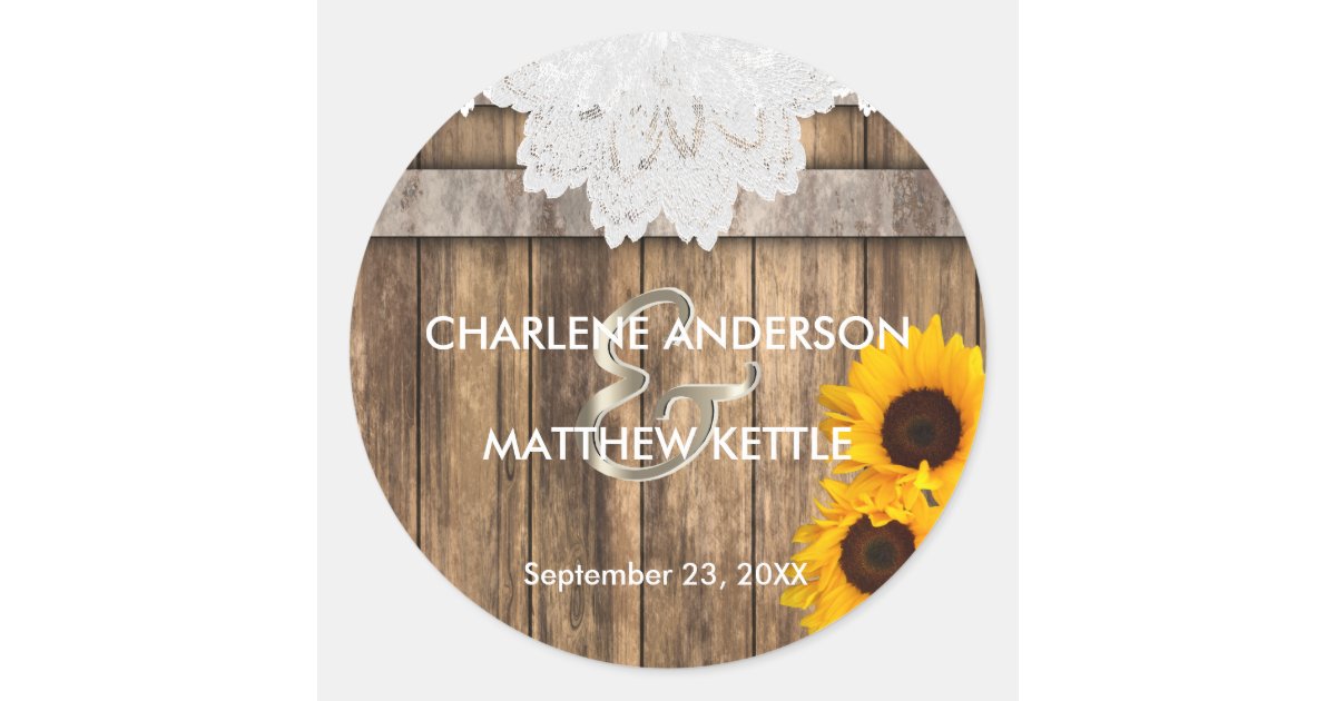 Rustic Wood & Lace Wedding Classic Round Sticker | Zazzle