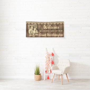 Rustic Wood & Lace Wedding Reception Photo Welcome Banner | Zazzle