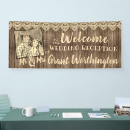 Rustic Wood & Lace Wedding Reception Photo Welcome Banner | Zazzle