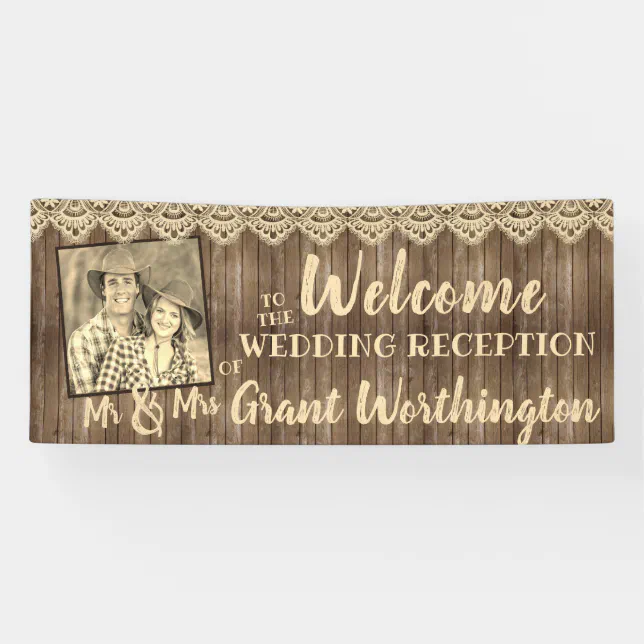 Rustic Wood & Lace Wedding Reception Photo Welcome Banner | Zazzle