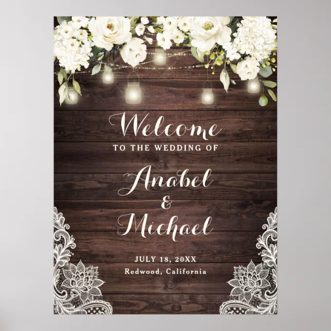 Rustic Wood Lace White Flower Wedding Welcome Sign | Zazzle