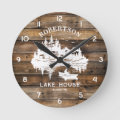 Rustic Wood Lake House Scene Family Name Round Clock | Zazzle