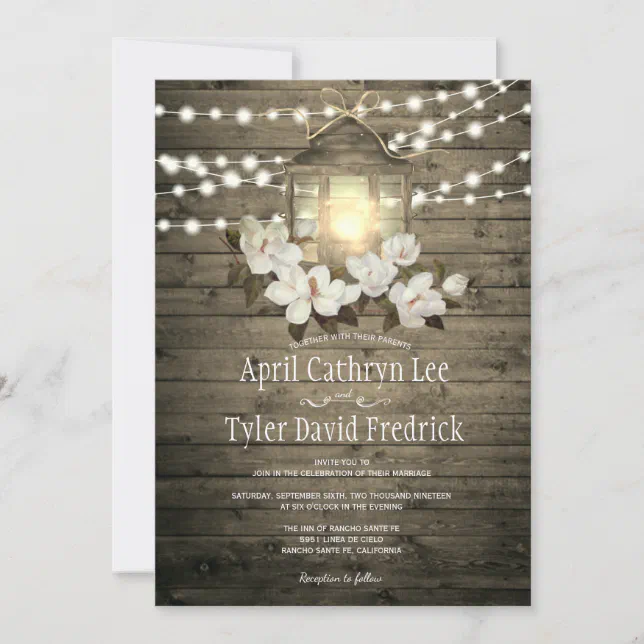 Rustic Wood Lantern Lights Magnolia Wedding Invitation | Zazzle