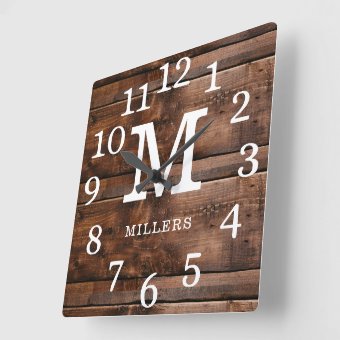 Rustic Wood Large Numbers Family Name Monogram Square Wall Clock | Zazzle
