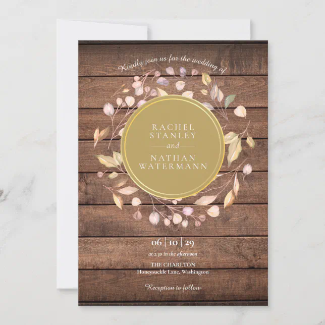 Rustic Wood Laurel Garland Gold Wedding Invitation | Zazzle