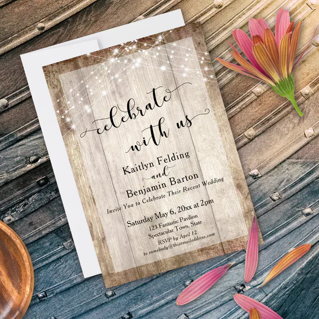 Rustic Wood & Lights Celebrate with Us Reception Invitation | Zazzle