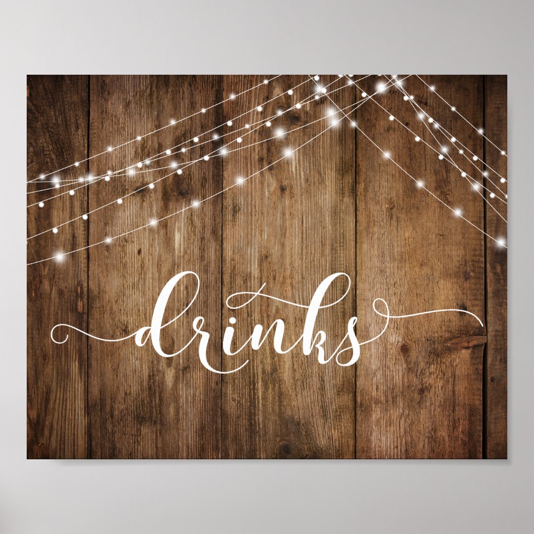 Rustic Wood & Lights Drinks Reception Sign | Zazzle