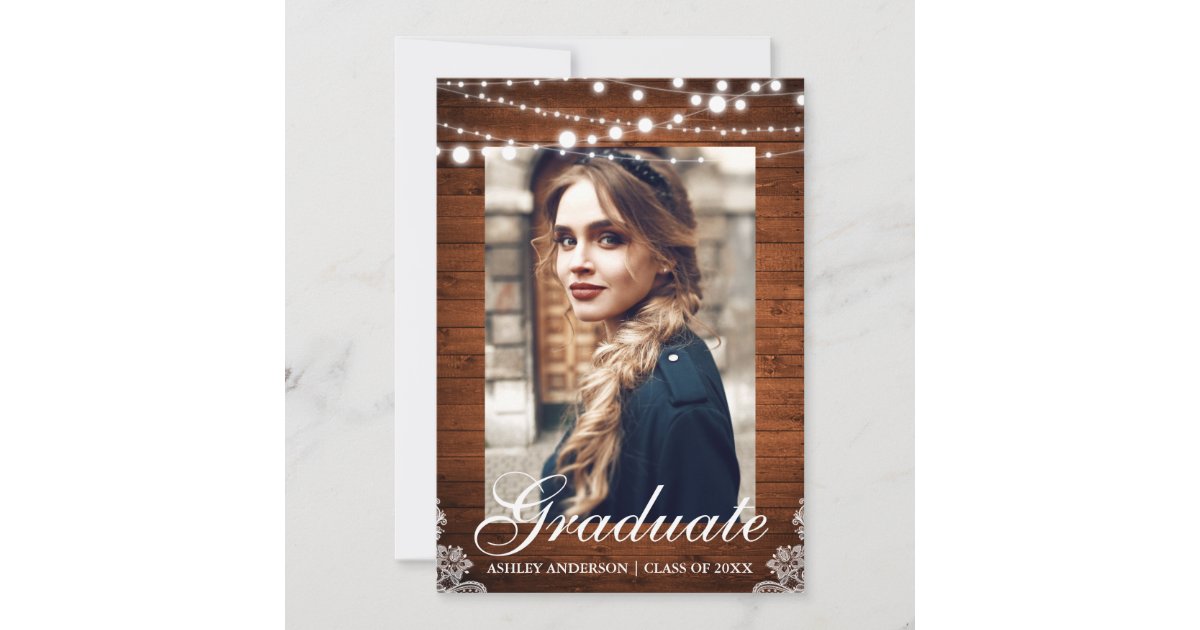 Rustic Wood Lights Lace Graduation Announcement | Zazzle