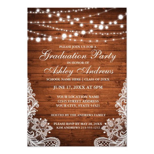 Rustic Wood Lights Lace Graduation Invitation | Zazzle.com