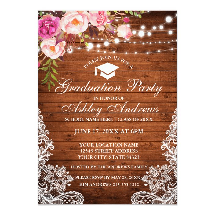 Rustic Wood Lights Lace Pink Graduation Invite | Zazzle.com