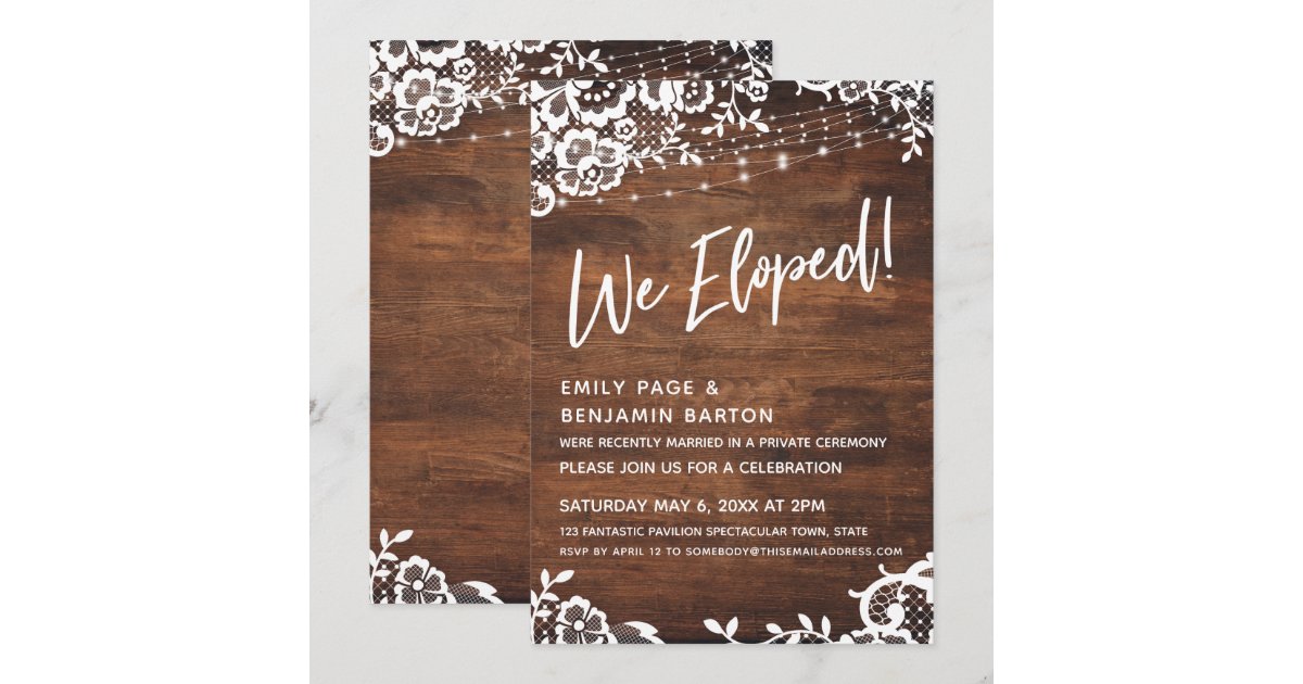 Rustic Wood, Lights & Lace We Eloped Celebration Invitation | Zazzle