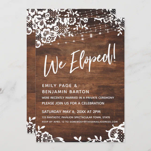 Rustic Wood, Lights & Lace We Eloped Celebration Invitation | Zazzle