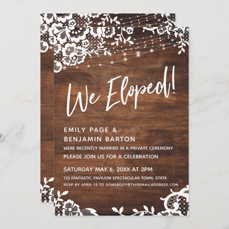 Rustic Wood, Lights & Lace We Eloped Celebration Invitation | Zazzle
