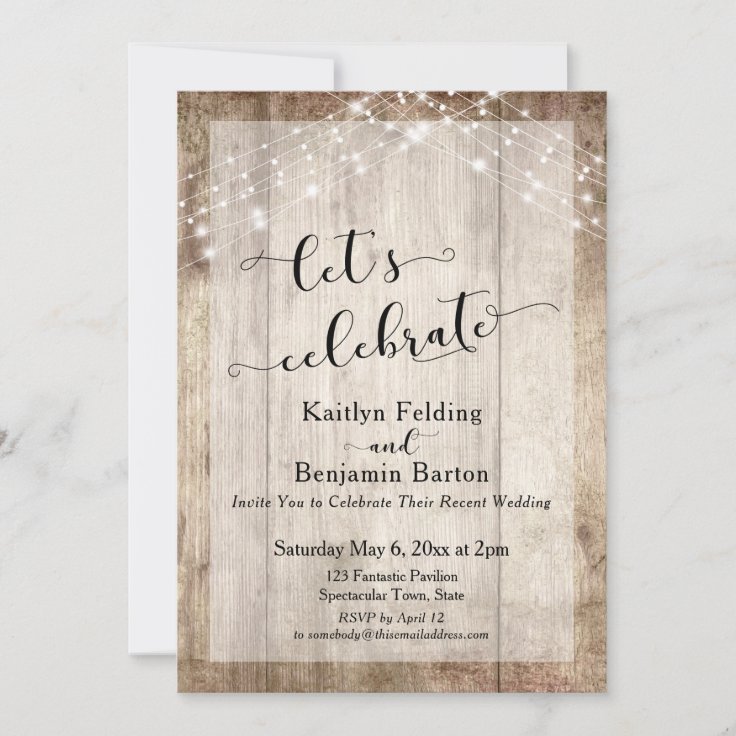 Rustic Wood & Lights Let's Celebrate Reception Invitation | Zazzle