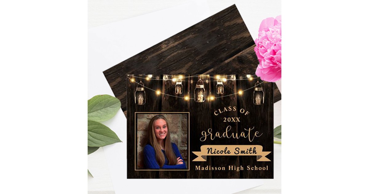 Rustic Wood Lights Photo Graduation Announcement Postcard | Zazzle