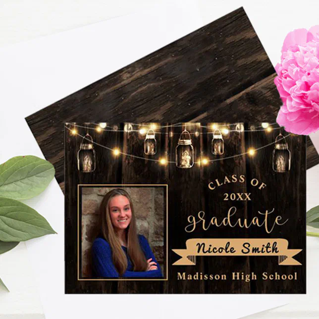 Rustic Wood Lights Photo Graduation Announcement Postcard | Zazzle