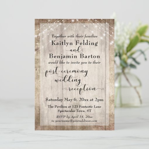 Rustic Wood Lights Post Ceremony Wedding Reception Invitation | Zazzle